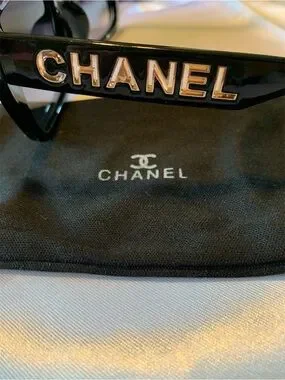 CHANEL | Accessories | Chanel Black Sunglasses With Gold Logo Accents ...